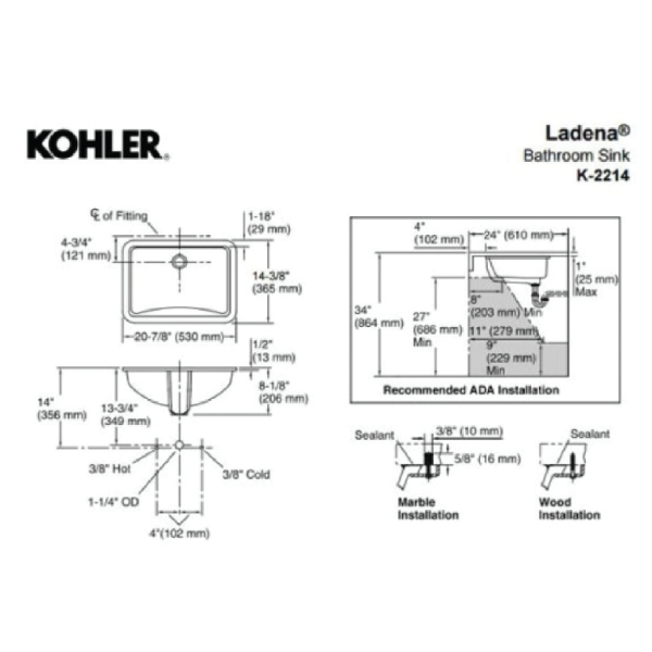 Kohler Ladena 18″ Undercounter Lavatory K-2214X-0 | Azora